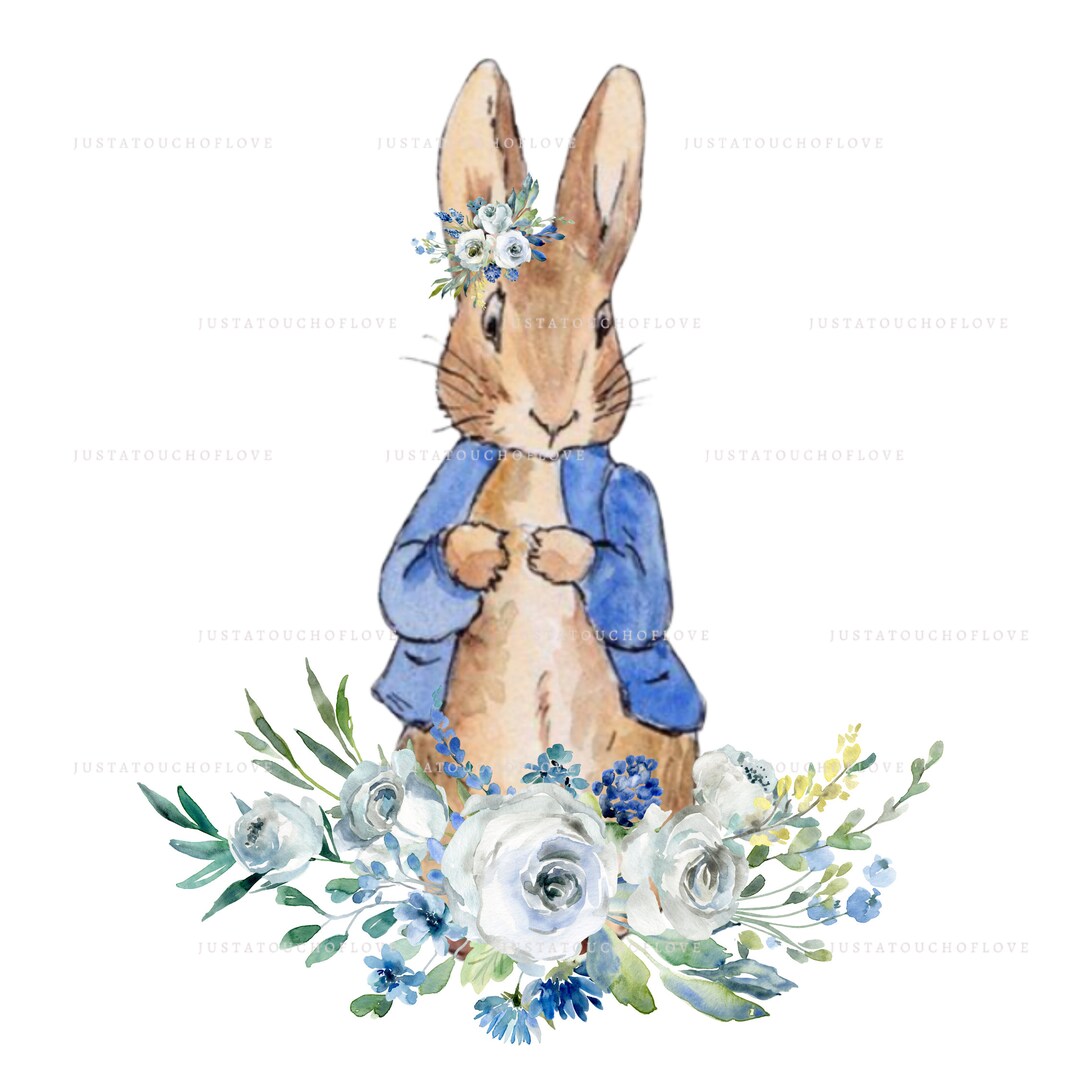 Watercolour Cute Peter Rabbit With Blue Summer Flowers Printable ...