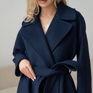 Navy Blue Cashmere Wool Coat, Long 100% Wool Coat, Wrap Overcoat With ...