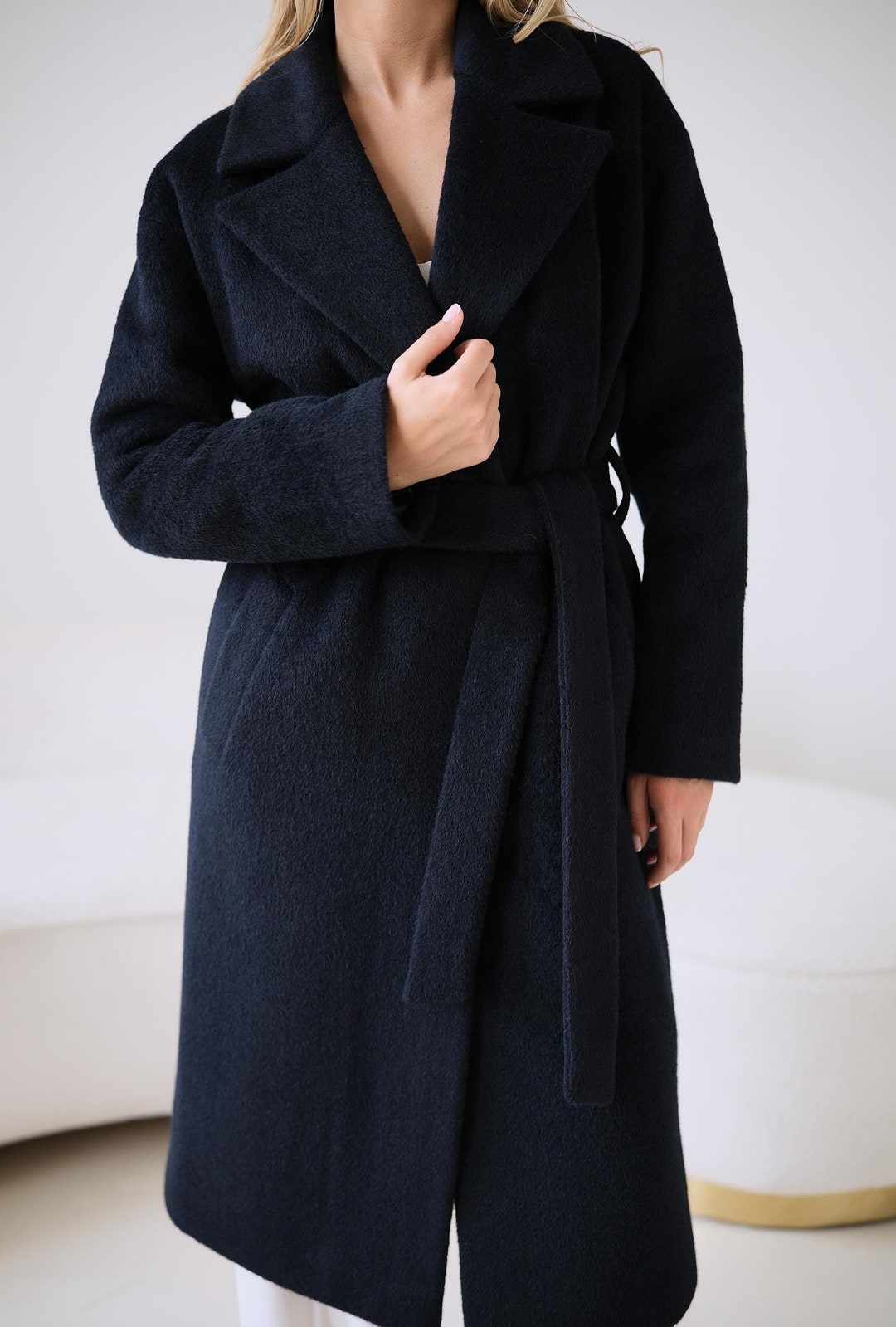 Navy Blue Alpaca Wool Coat, Soft Lined Warm Winter Coat, Long Single ...