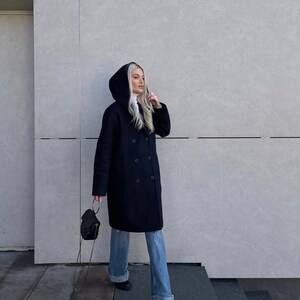 Navy Wool Coat With Hood, Oversized Lined Winter Coat /dina - Etsy