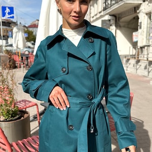 Teal Maxi Trench Coat, Blue-green Oversized Fall Spring Coat, Long ...