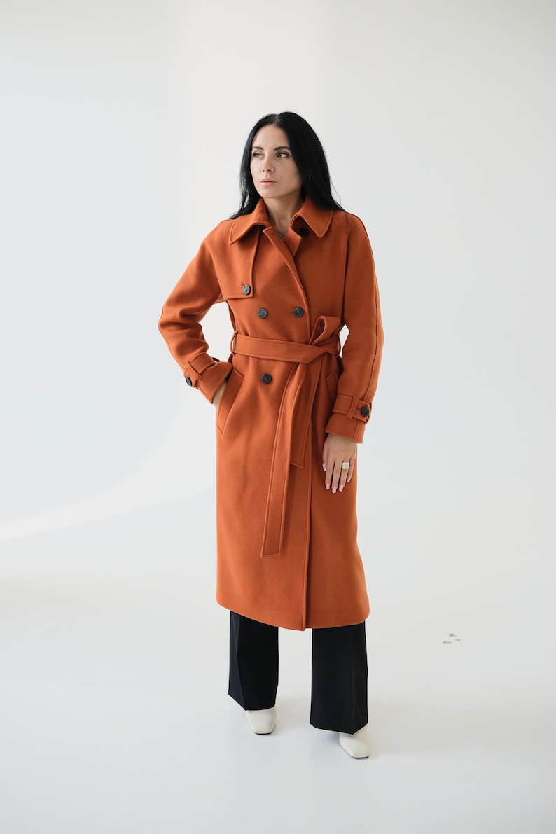 Burnt Orange Wool Trench Coat, Terracotta Long Wool Coat Women, Lined ...