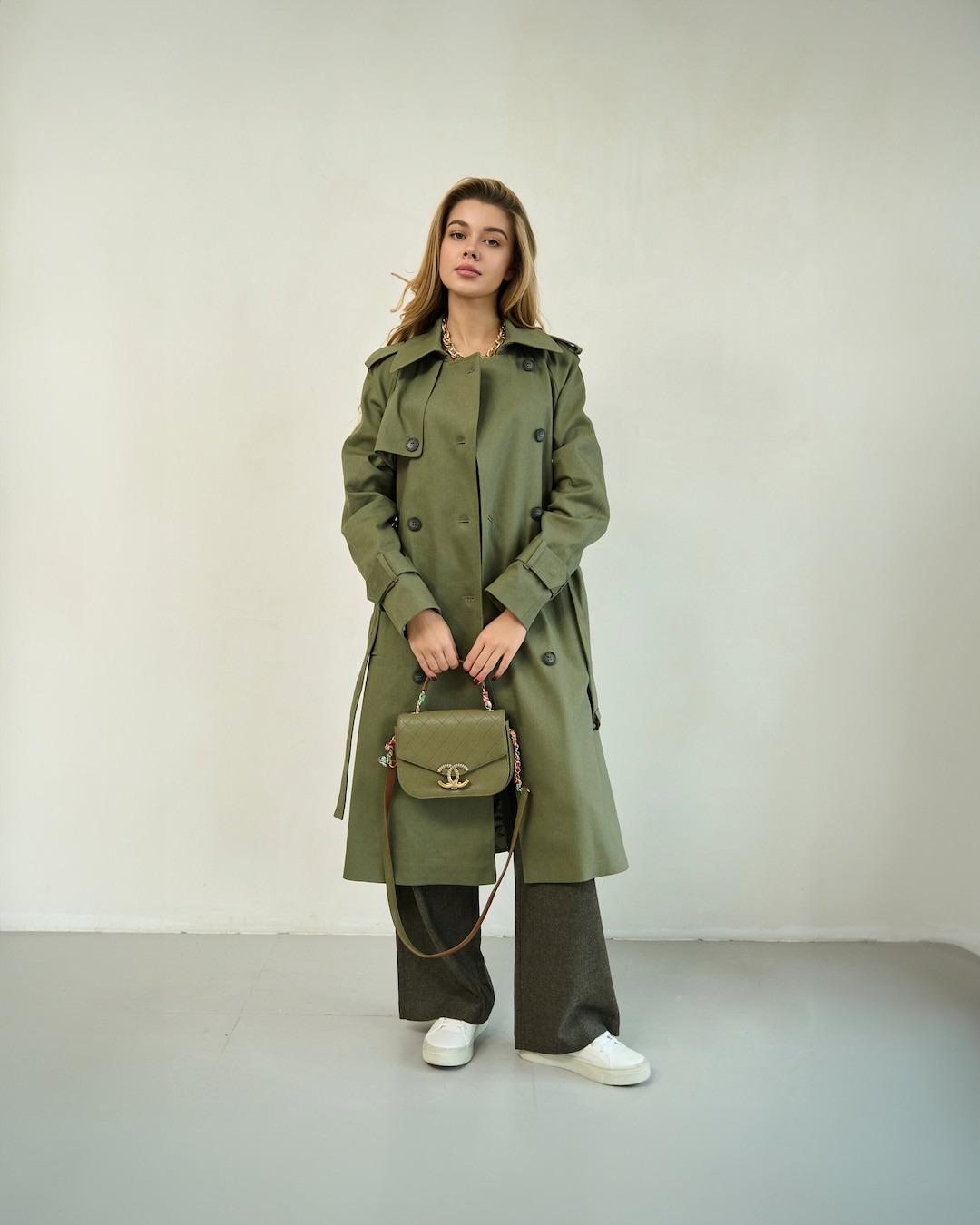 Khaki Green Cotton Trench Coat, Olive Green Trench Coat, Long Oversized ...