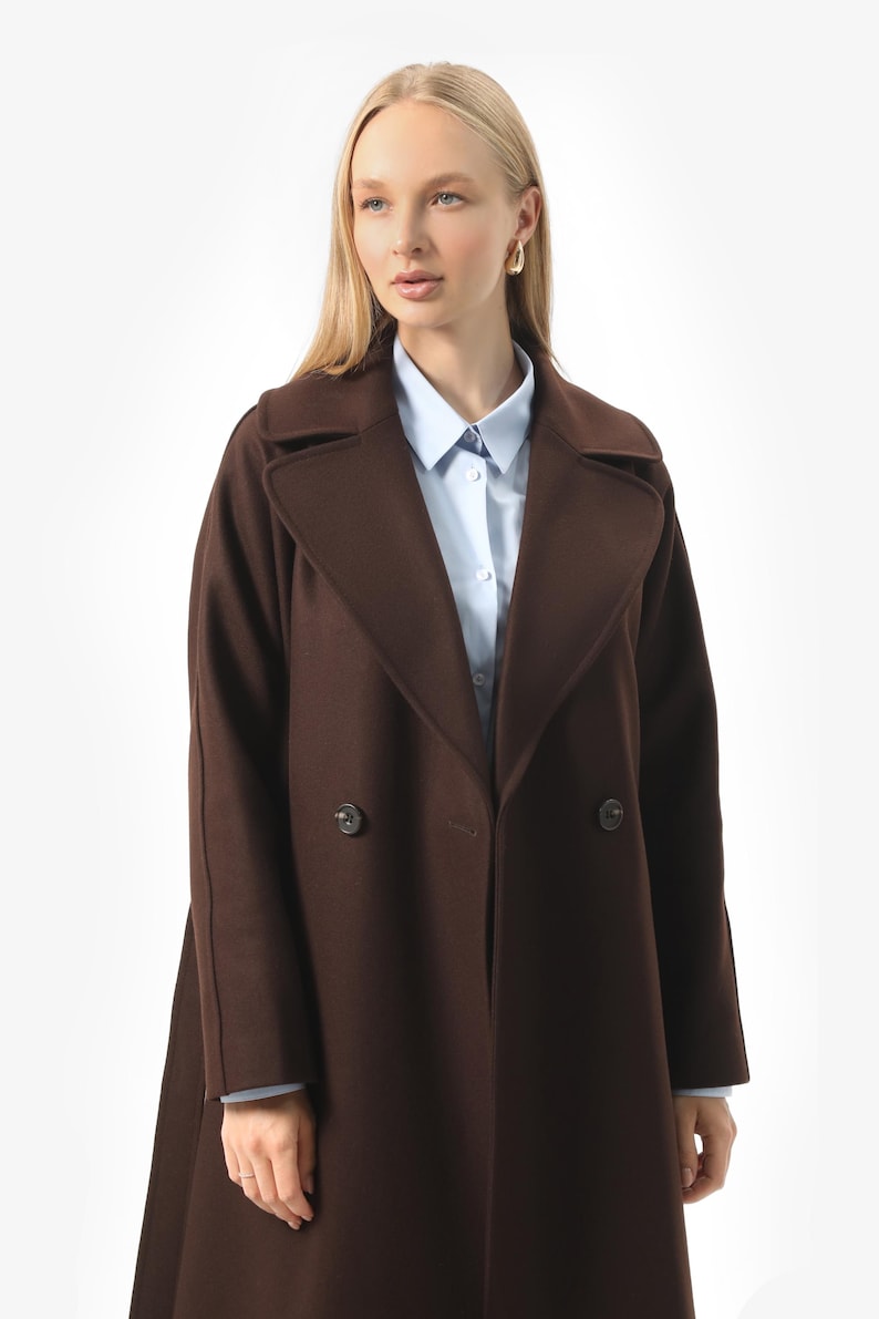 Chocolate Brown Cashmere Wool Blend Wrap Coat – Long 100% Woolen Warm ...