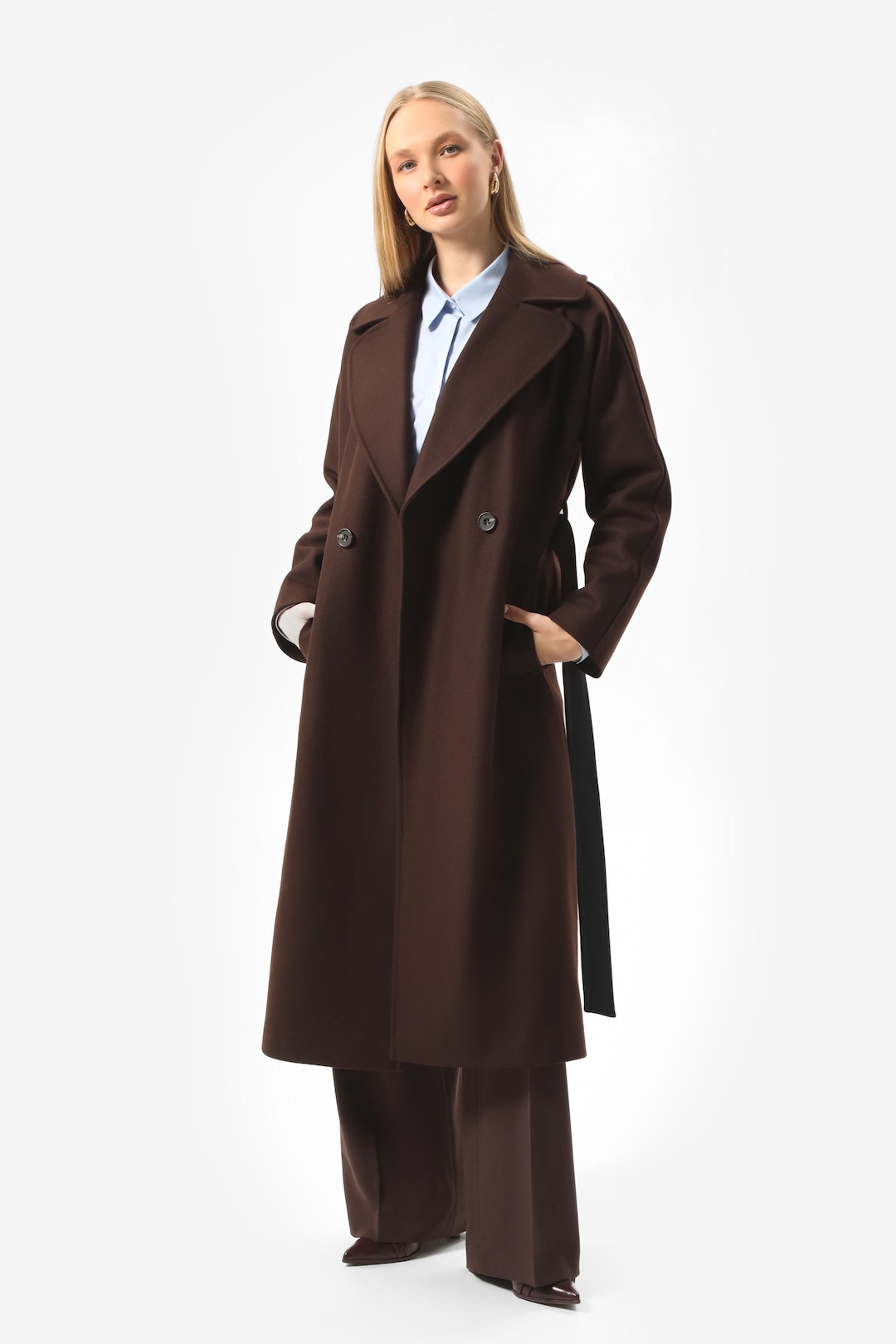 Chocolate Brown Cashmere Wool Blend Wrap Coat – Long 100% Woolen Warm ...