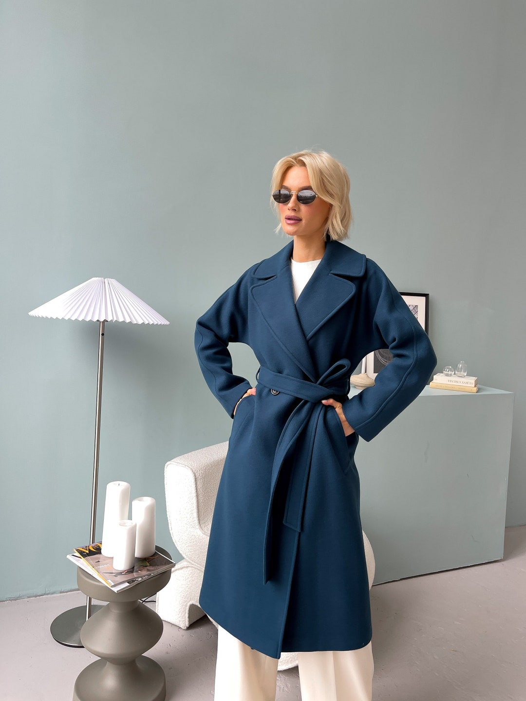 Pale Blue Wrap Wool Coat – Long Woolen Warm Overcoat With Belt /jaklin ...