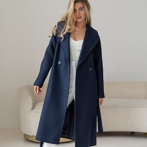 Navy Blue Cashmere Wool Coat, Long 100% Wool Coat, Wrap Overcoat With ...
