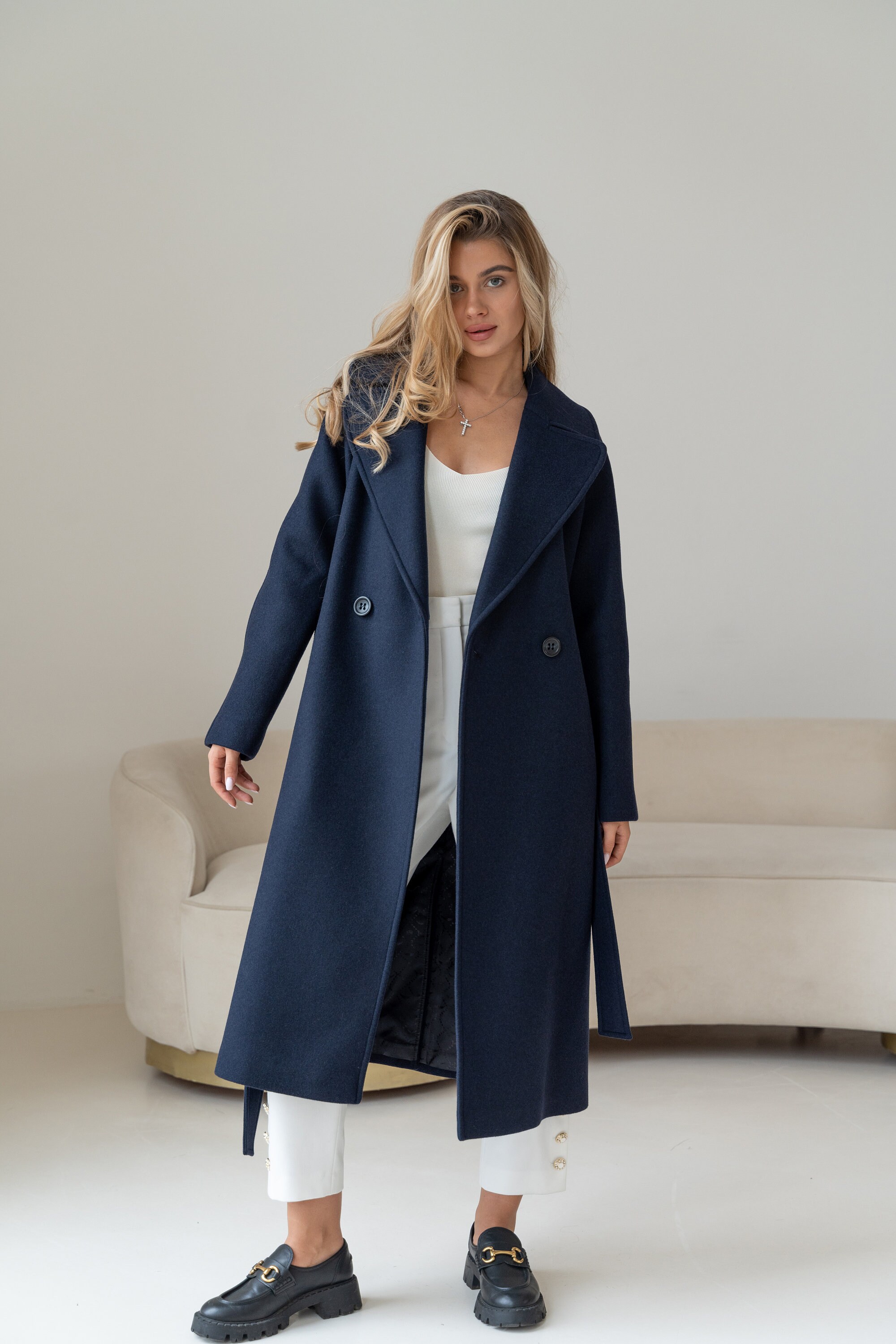 Navy Blue Cashmere Wool Blend Coat, Long 100% Wool Coat, Wrap Overcoat ...