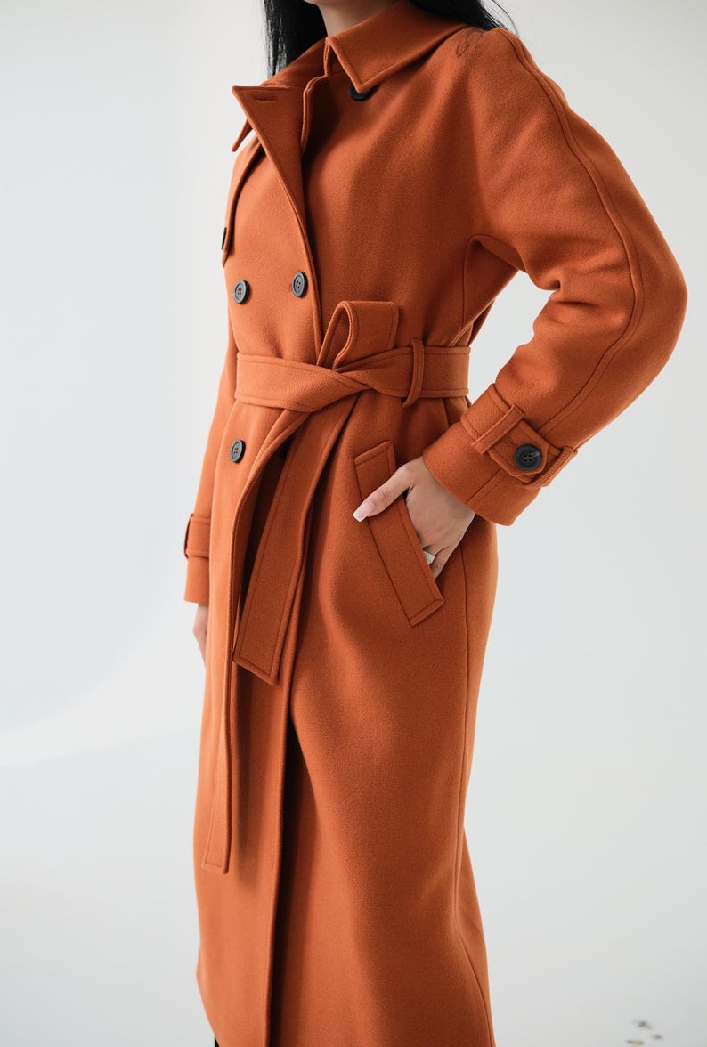 Burnt Orange Wool Trench Coat, Terracotta Long Wool Coat Women, Lined ...
