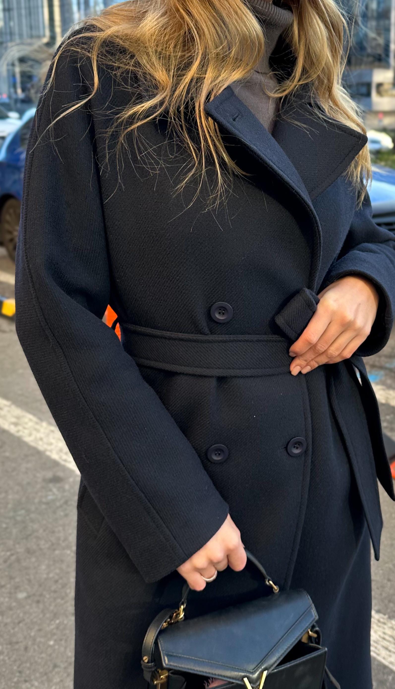 Navy Blue Wool Coat, Long Double-breasted Woolen Coat With Belt, Lined ...