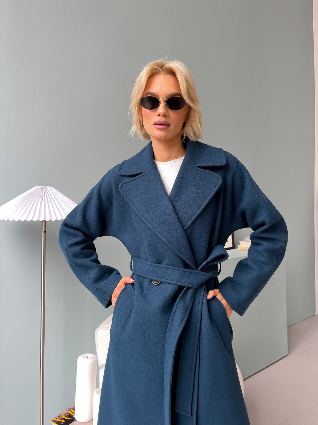Pastel Blue Wool Coat, Long Wrap Coat for Women, Lined Warm Winter ...