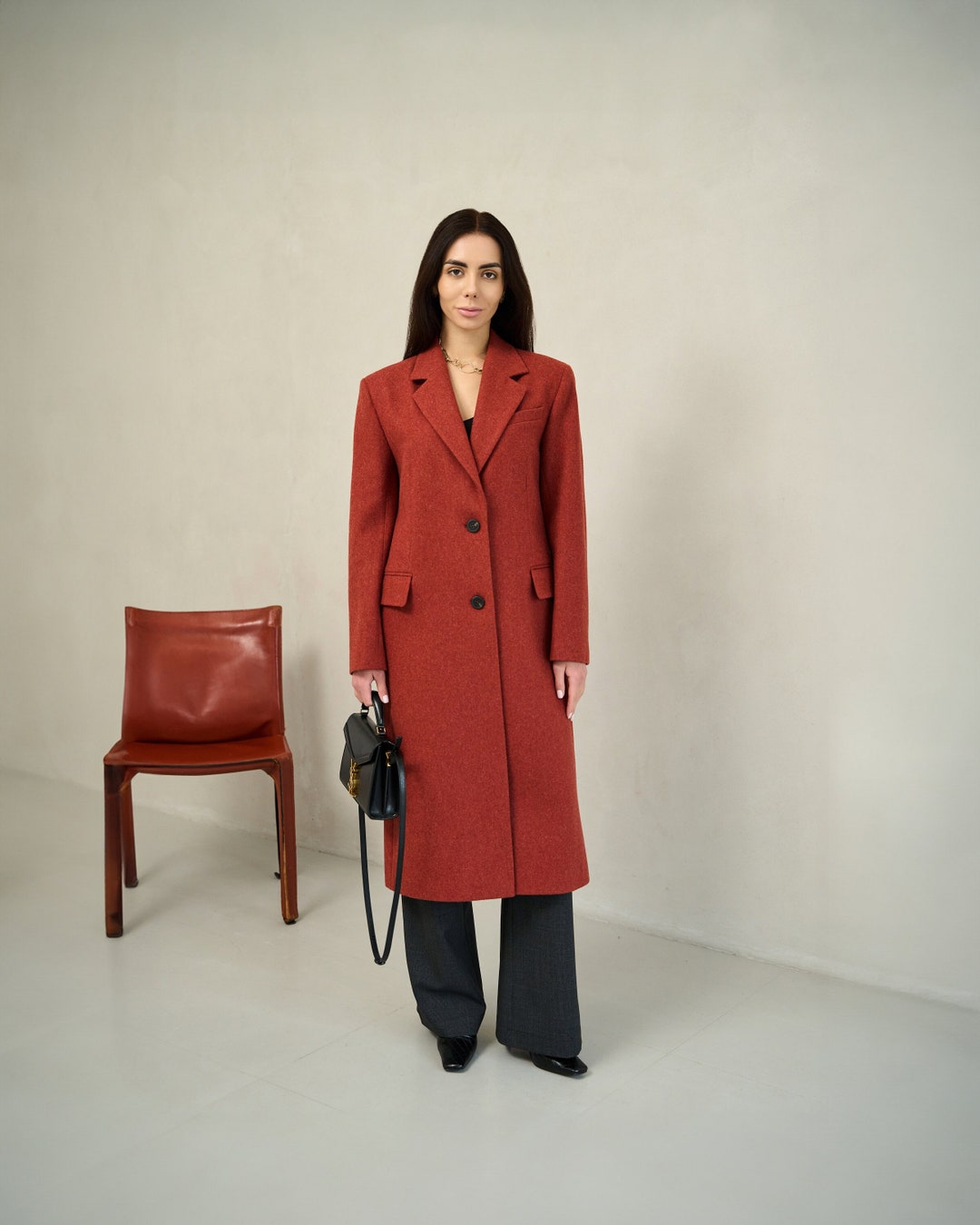 Terracotta Wool Overcoat, Single-breasted Power Shoulder Fall Winter ...