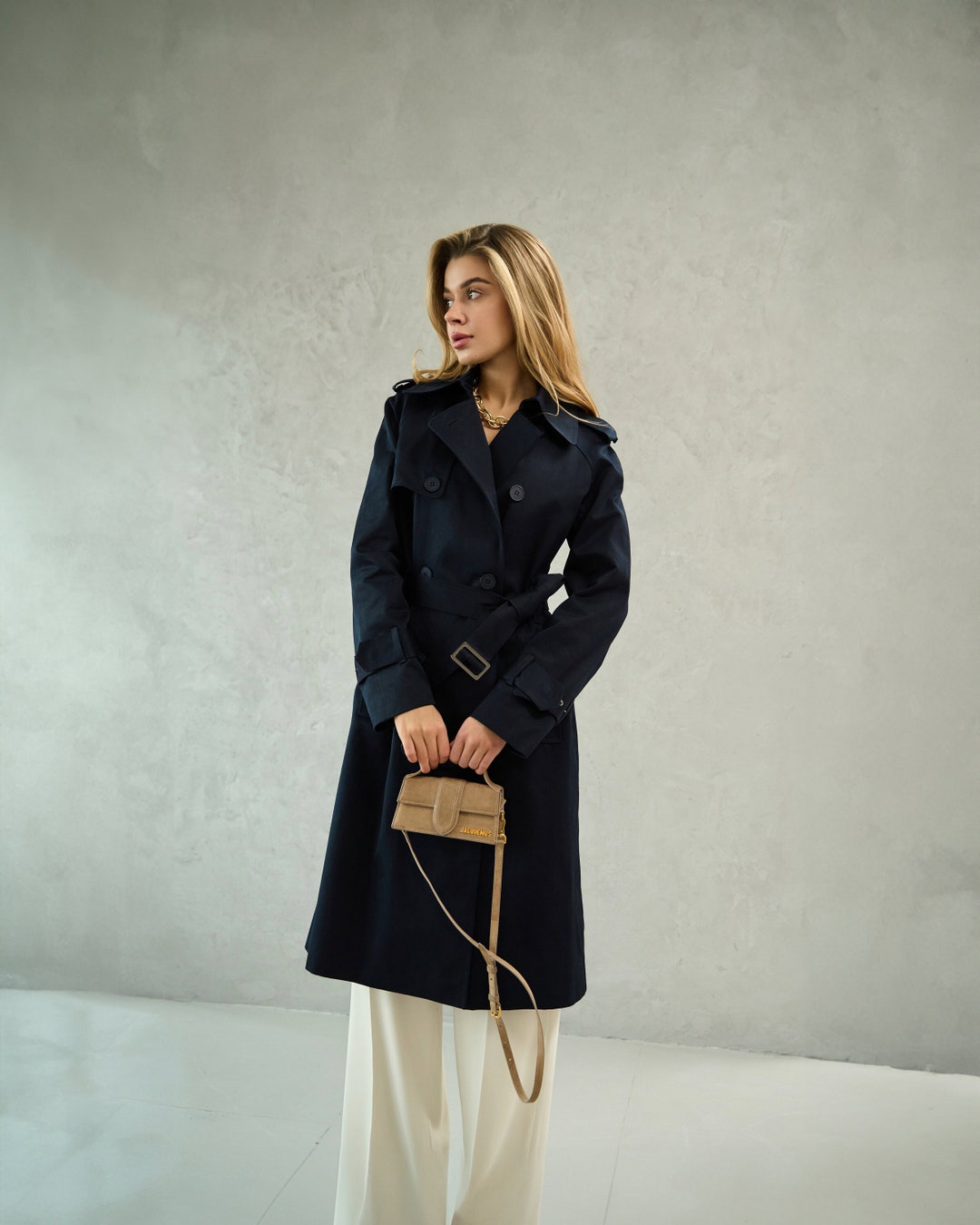 Navy Blue Cotton Trench Coat, Dark Blue Trench Coat, Long Oversized ...