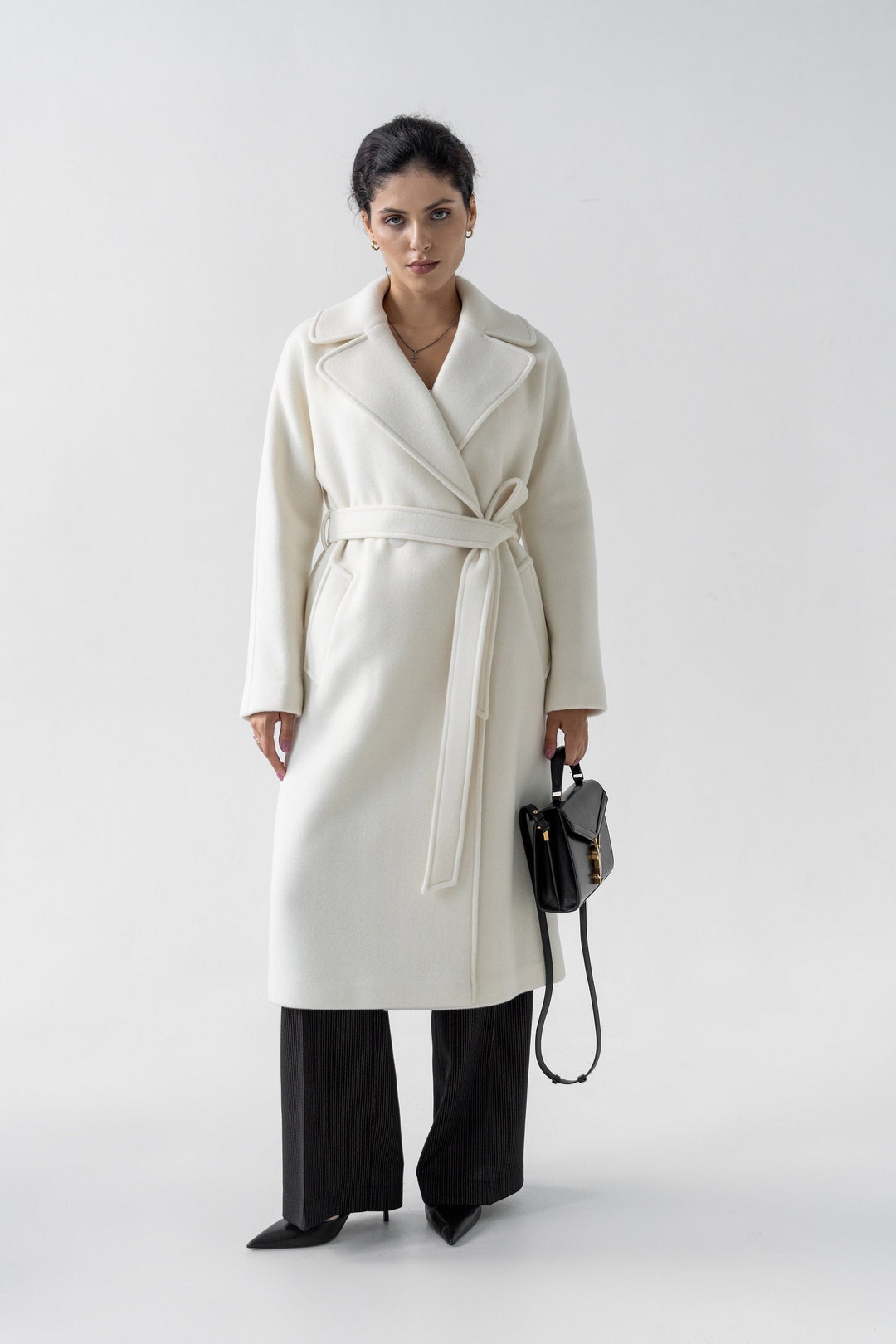 Long Ivory Wool Coat, Off-white Wrap Overcoat, Lined Fall Winter Coat ...