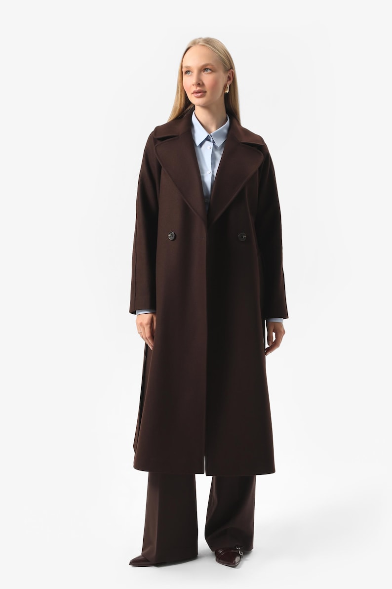 Chocolate Brown Cashmere Wool Blend Wrap Coat – Long 100% Woolen Warm ...