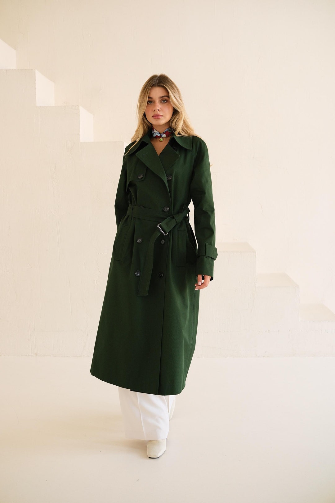 Forest Green Maxi Trench Coat, Pine Green Cotton Trench Coat, Long ...