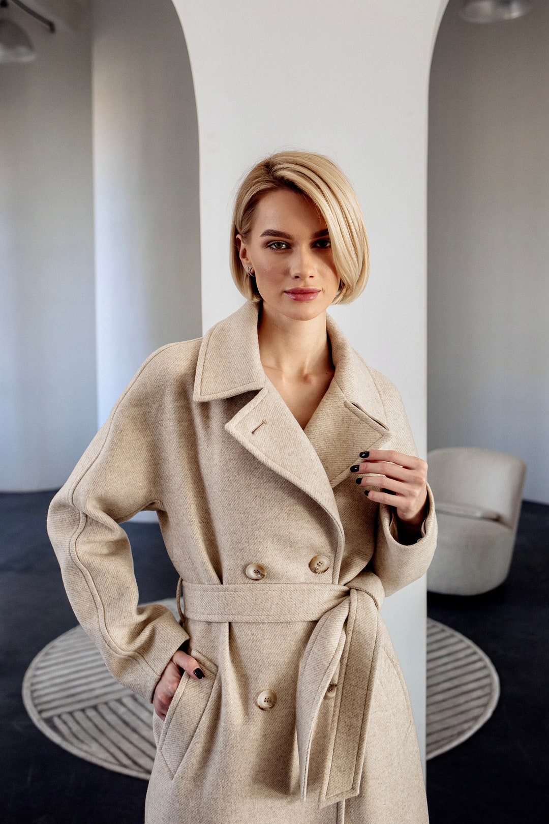 Long Beige Wool Coat, Cream Woolen Coat, Lined Warm Winter Coat, Double ...