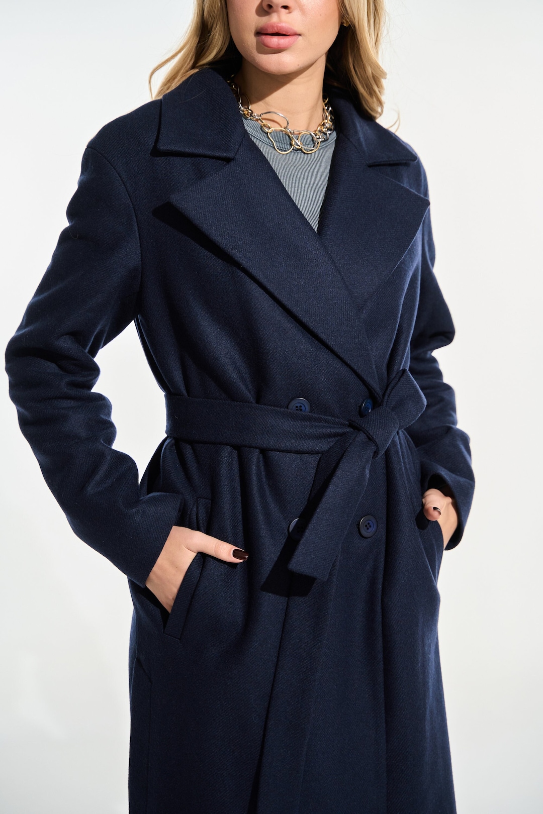 Navy Blue Wool Overcoat, Lined Double-breasted Belted Coat /slava3 - Etsy