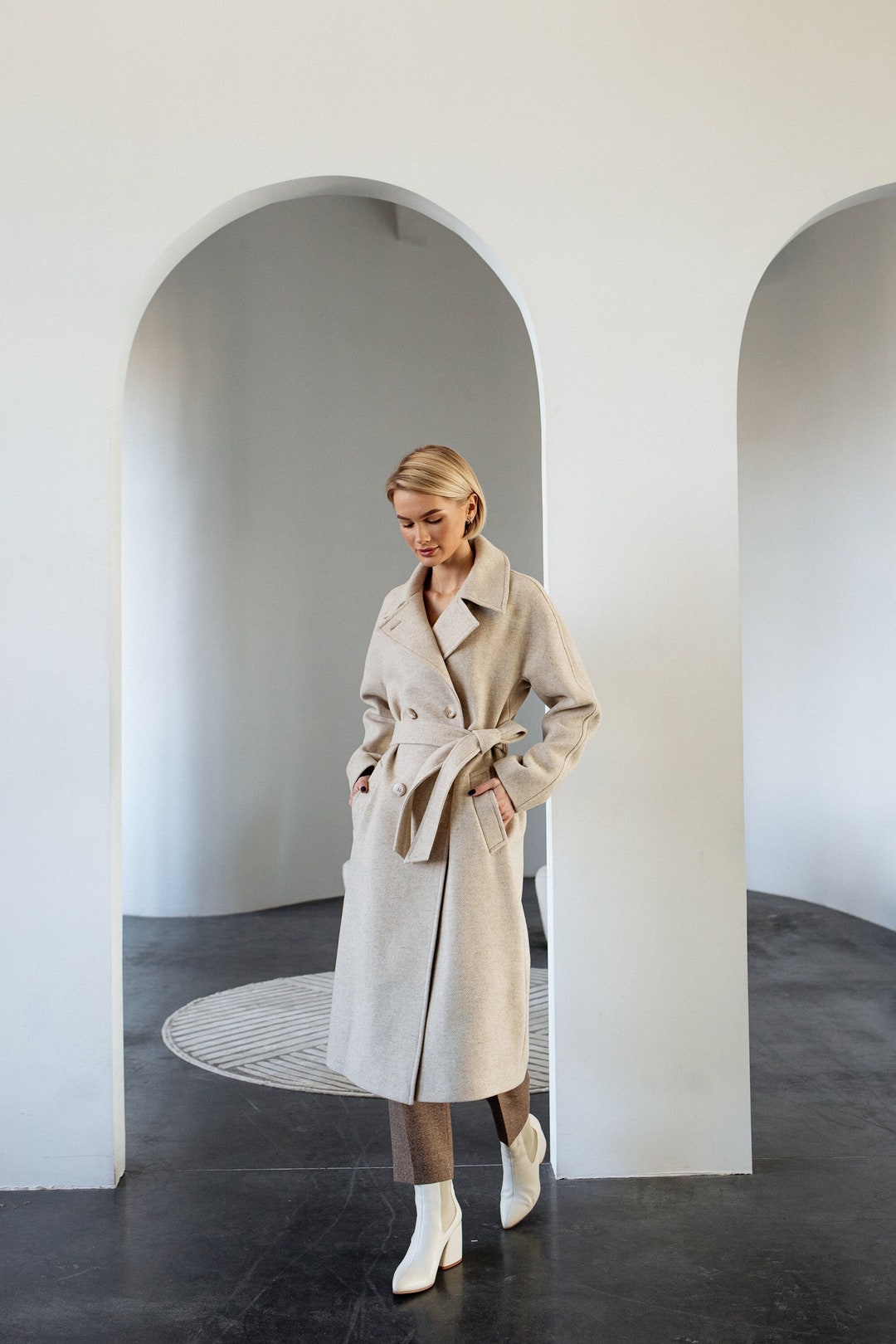 Long Beige Wool Coat, Cream Woolen Coat, Lined Warm Winter Coat, Double ...