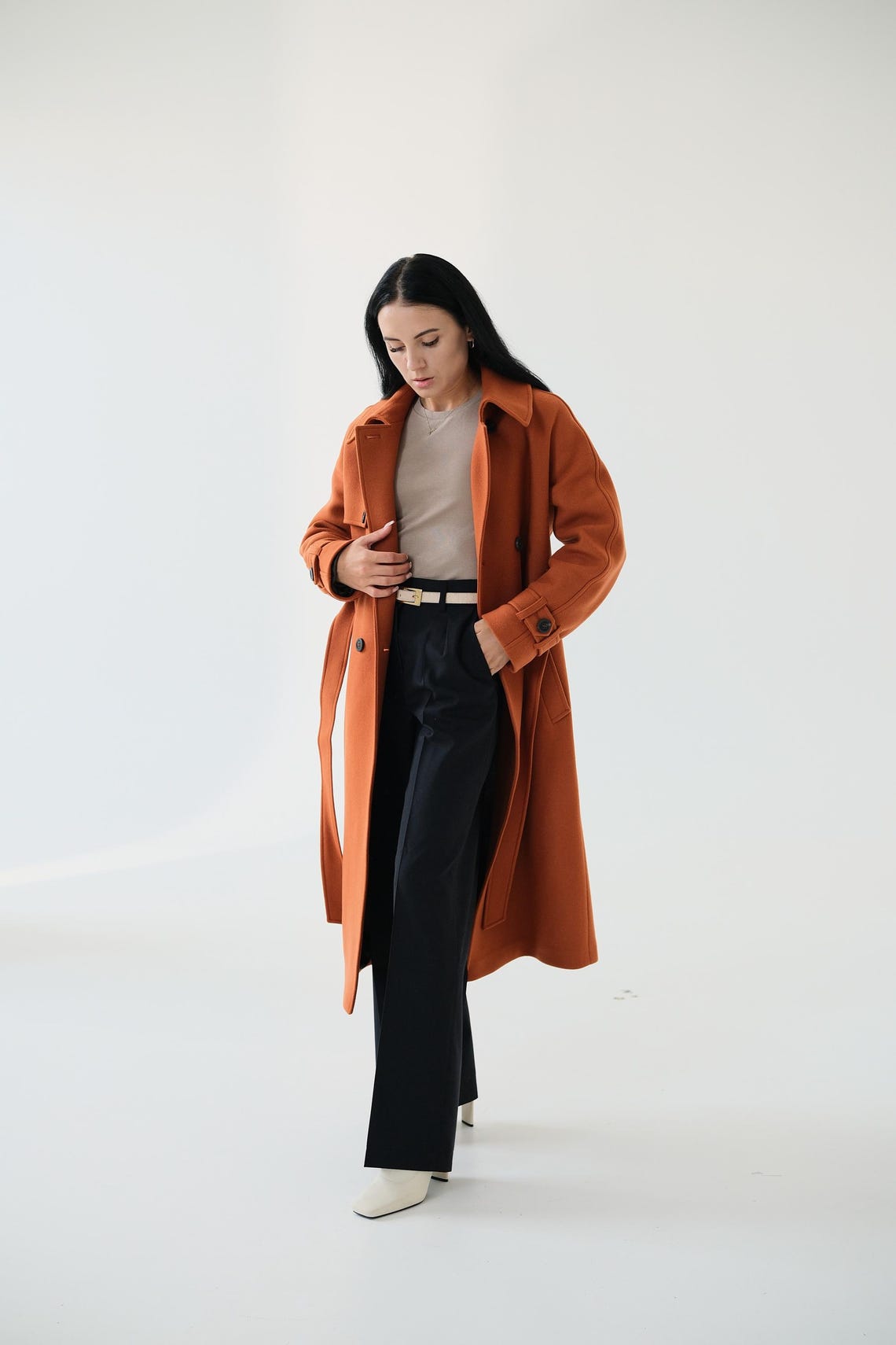 Burnt Orange Wool Trench Coat, Terracotta Long Wool Coat Women, Lined ...