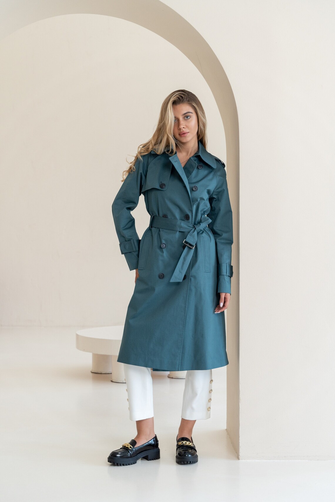 Deep Teal Trench Coat, Blue-green Oversized Fall Spring Coat, Long ...
