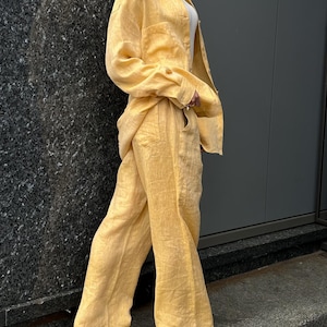 Butter Yellow Pure 100% Linen Pants and Shirt Set, Light Yellow Linen ...