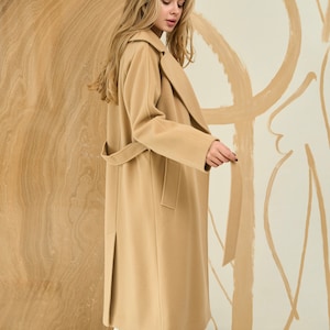 Light Camel Cashmere Coat, Light Beige-brown Soft Wool Coat, Long Winter Double-breasted Wrap ...