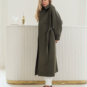 Olive Green Wool Trench Coat, Long Winter Coat, Dark Green Winter ...