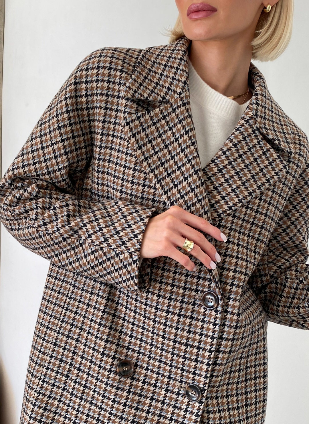 Brown Wool Coat, Petite Cocoon Coat, Wool Coat Women, Houndstooth Coat ...
