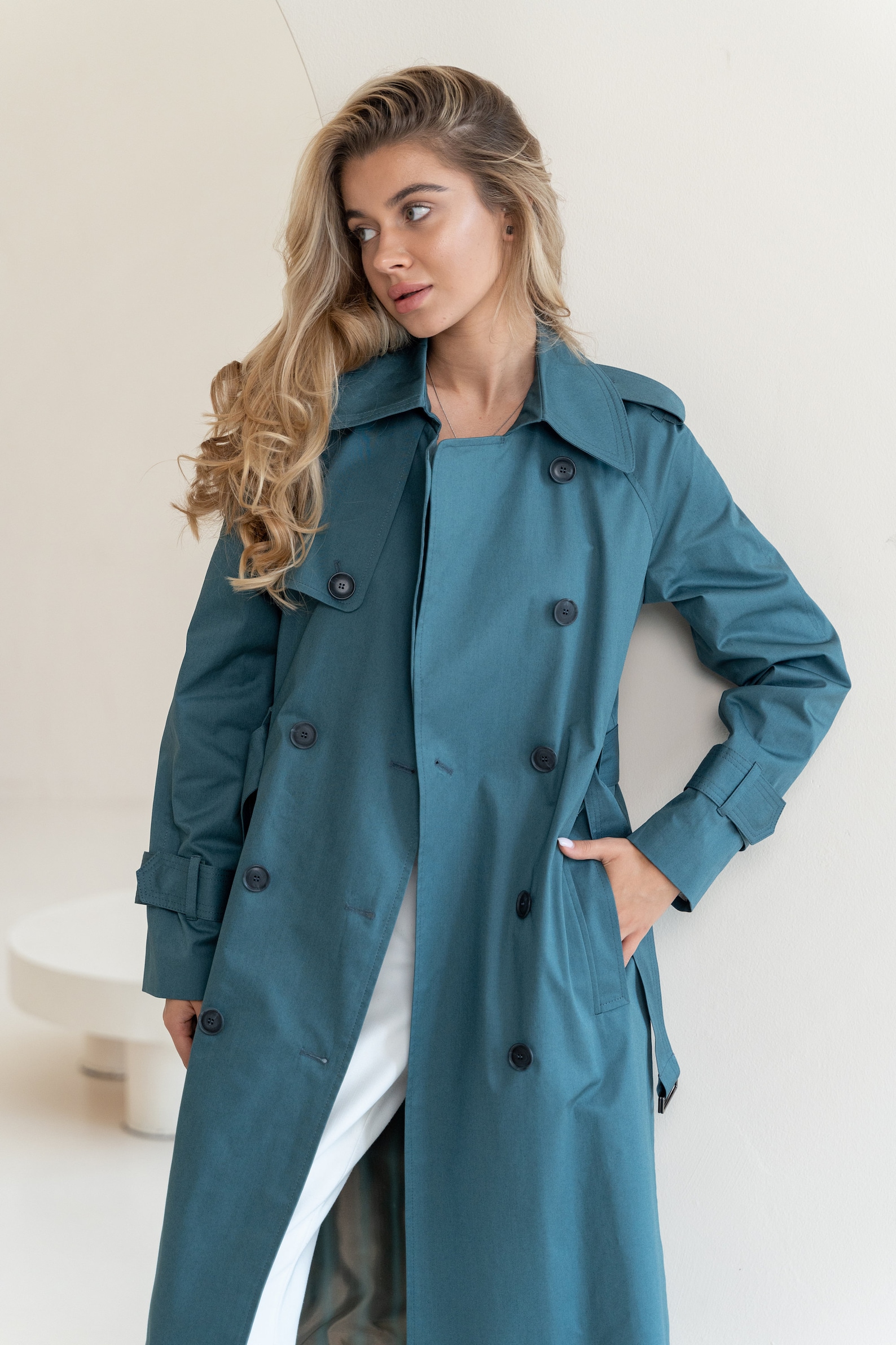 Deep Teal Trench Coat, Blue-green Oversized Fall Spring Coat, Long ...