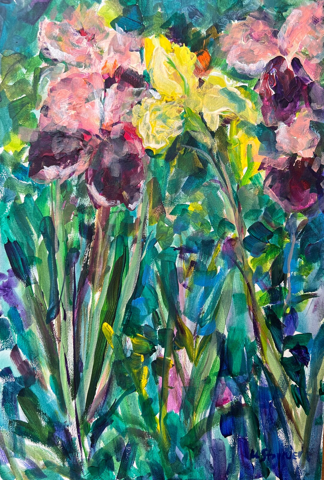 Irises,yellow Pink Flowers, Original Art.impressionism, Abstraction ...