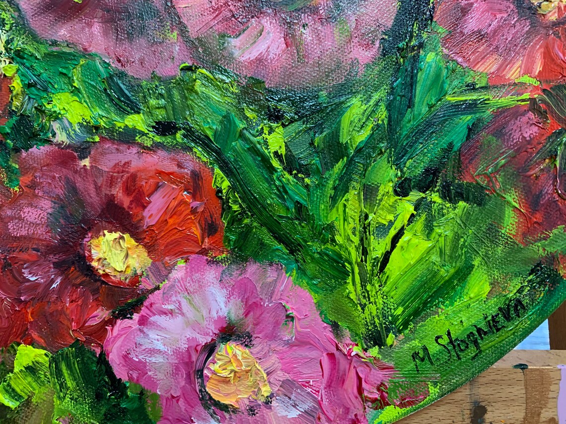 Mallows Flowers ,original Oil Painting on Round Canvas , Flowers ...