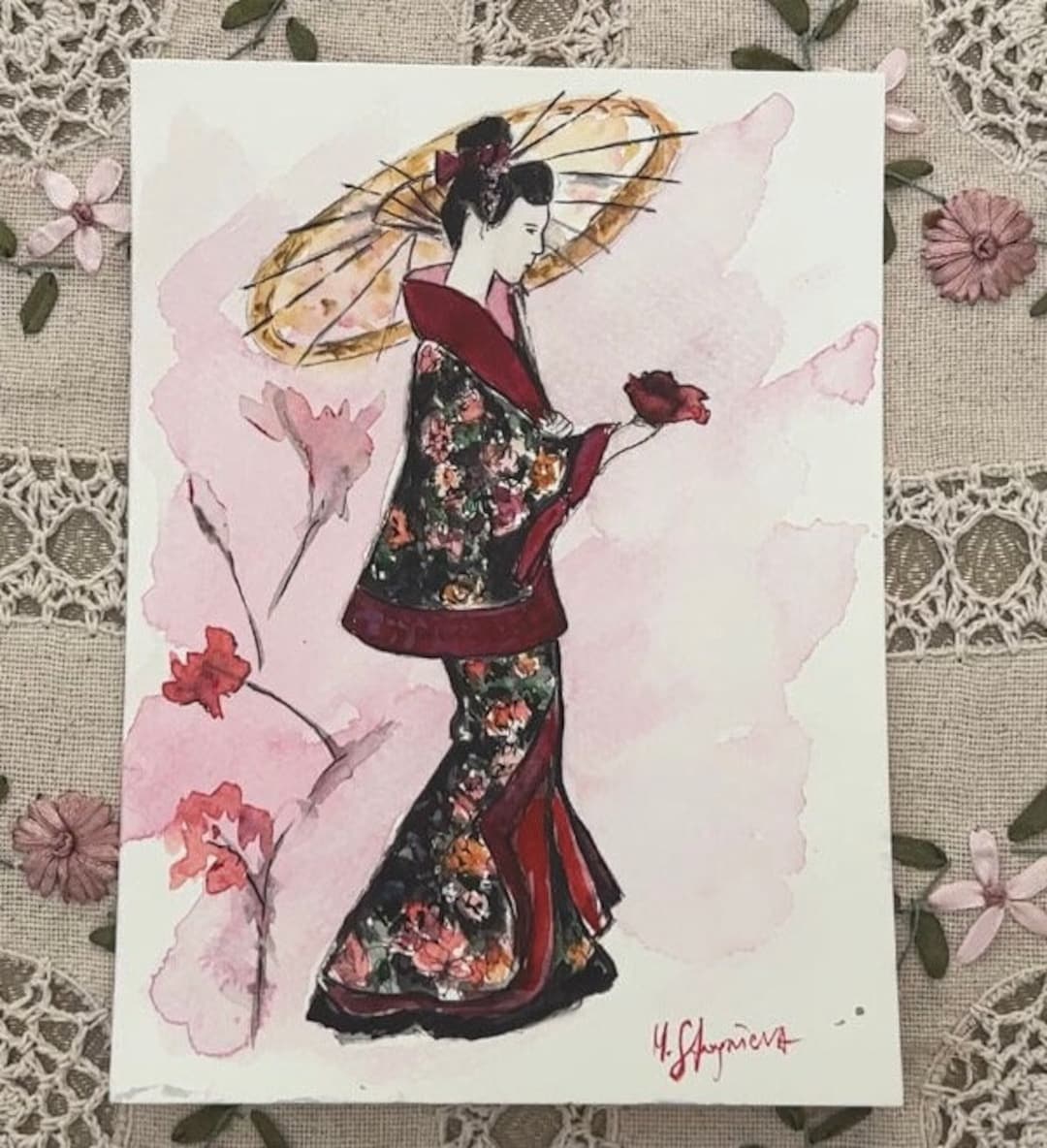 Japanese Woman In Kimono Original Watercolor Painting By Artist Marina