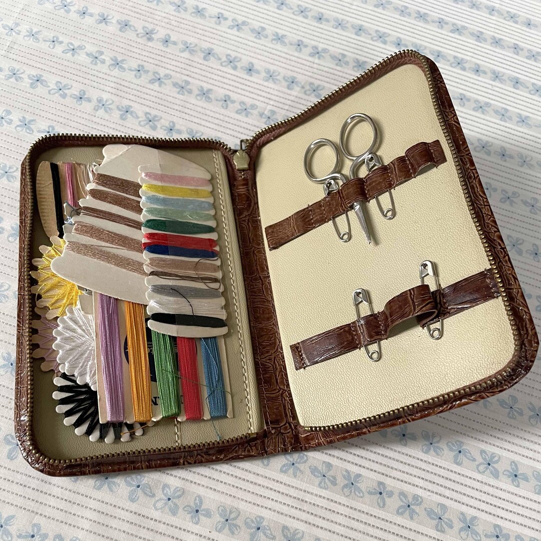 Vintage 1960s Brown Leather Sewing Kit, Crocodile Embossed, Partial ...