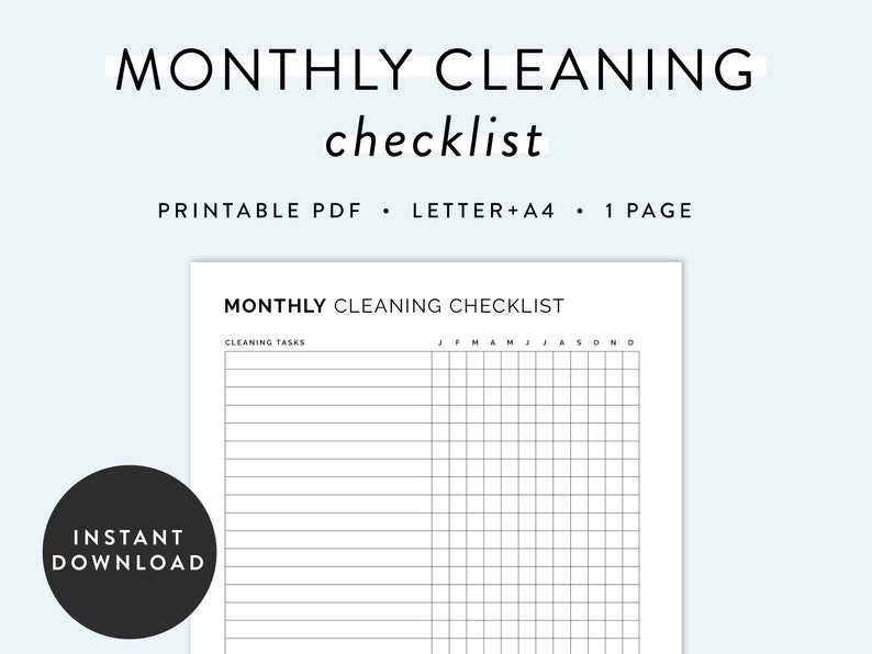 Monthly Cleaning Checklist Printable, Cleaning Checklist, Month by ...