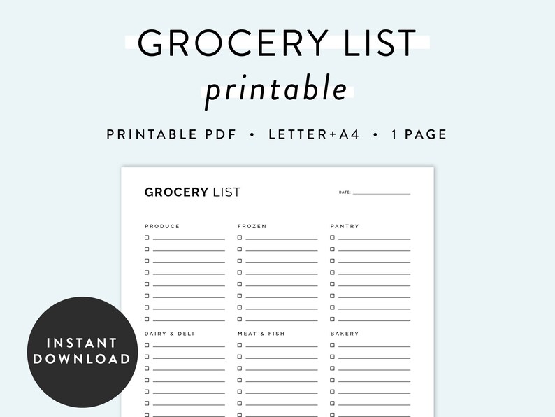 Grocery List Printable, Grocery List Template, Digital Download Grocery ...