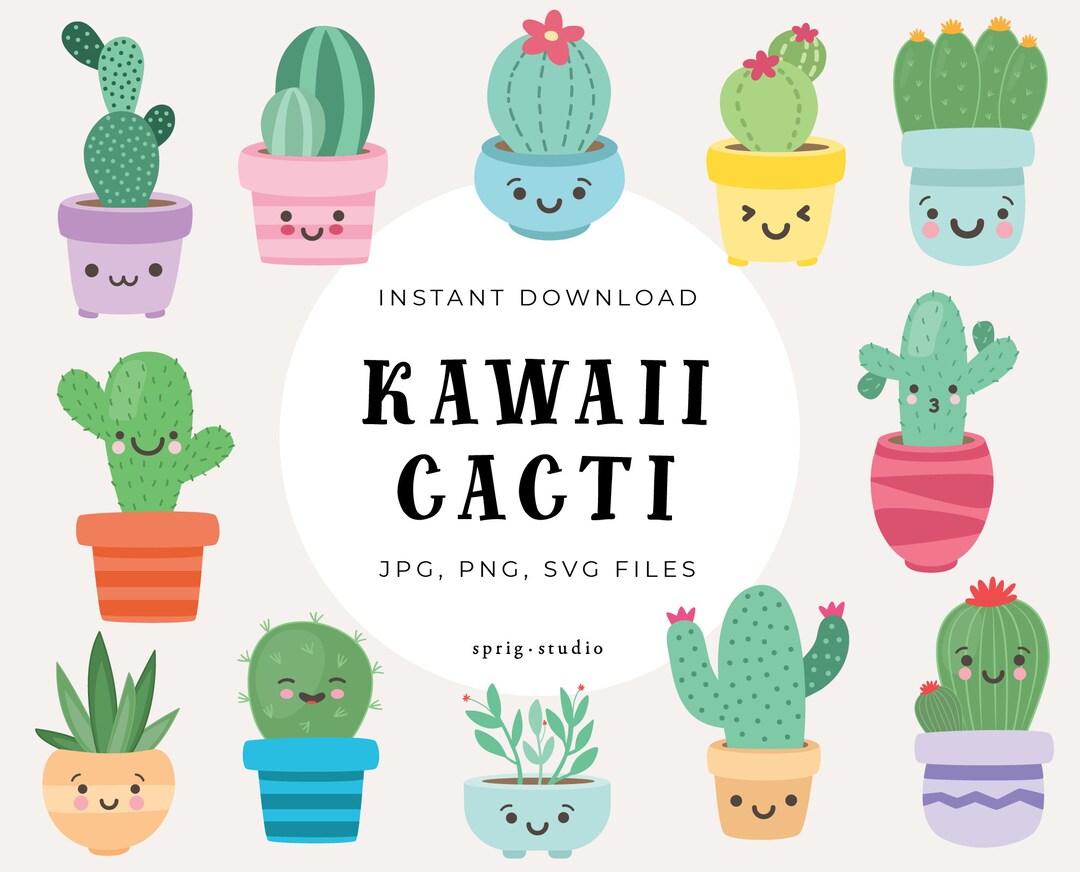 Kawaii Cute Cactus Clipart - Succulent Clipart, Birthday Party, Cacti ...