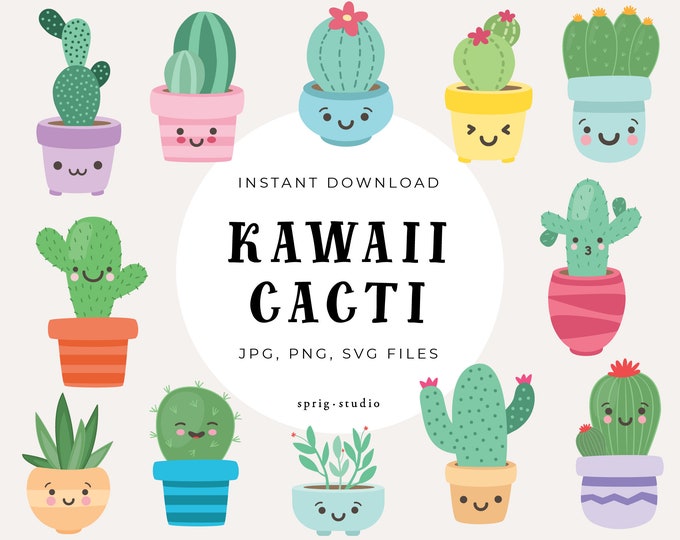 Kawaii Cactus Clipart Set, Cactus Illustration Set, Cute Succulent ...