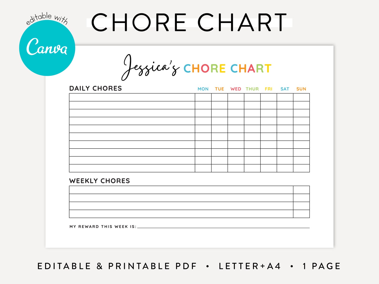 Chore Chart for Kids Printable, Reward Chart, Responsibility Chart ...