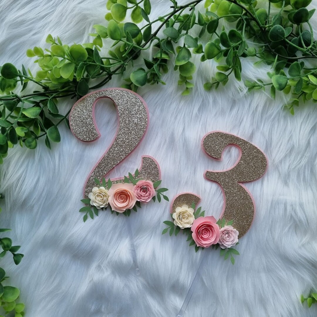 Cake Topper, Floral Number Cake Topper: Glitter Celebration Decor - Etsy