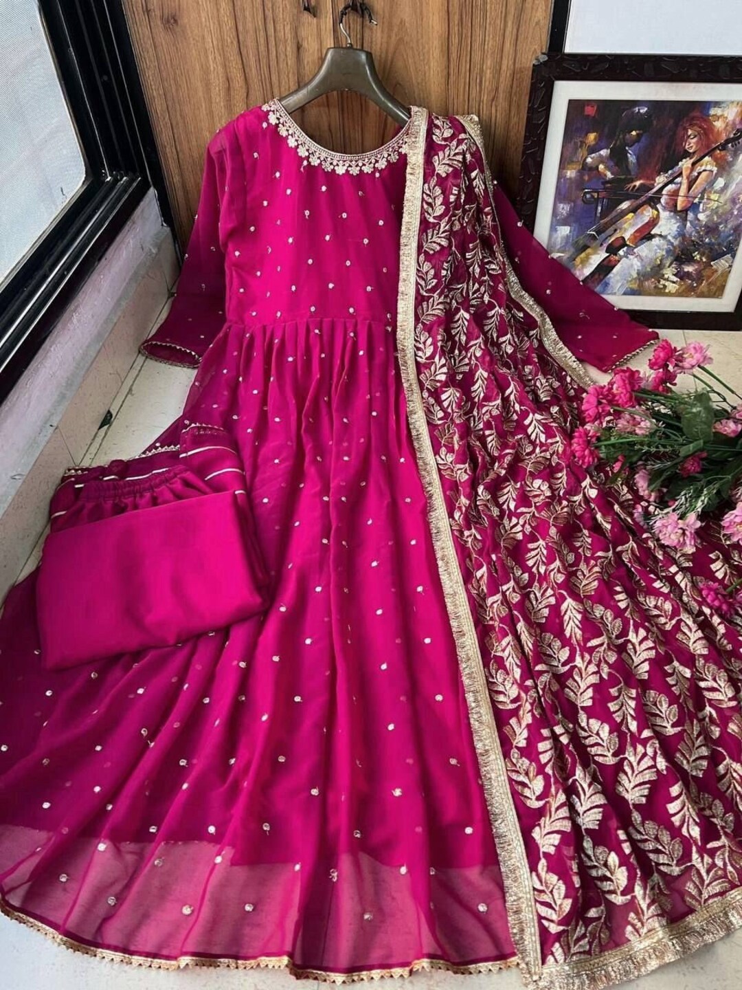 Indian One Piece Gown Palazzo Dupatta Set Festival Attire Ladies Party ...