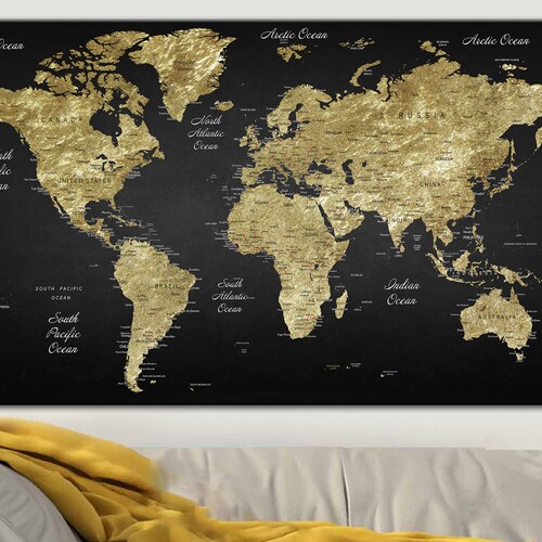 Push Pin World Map Multi Panel Canvas Wall Art Black Print - Etsy