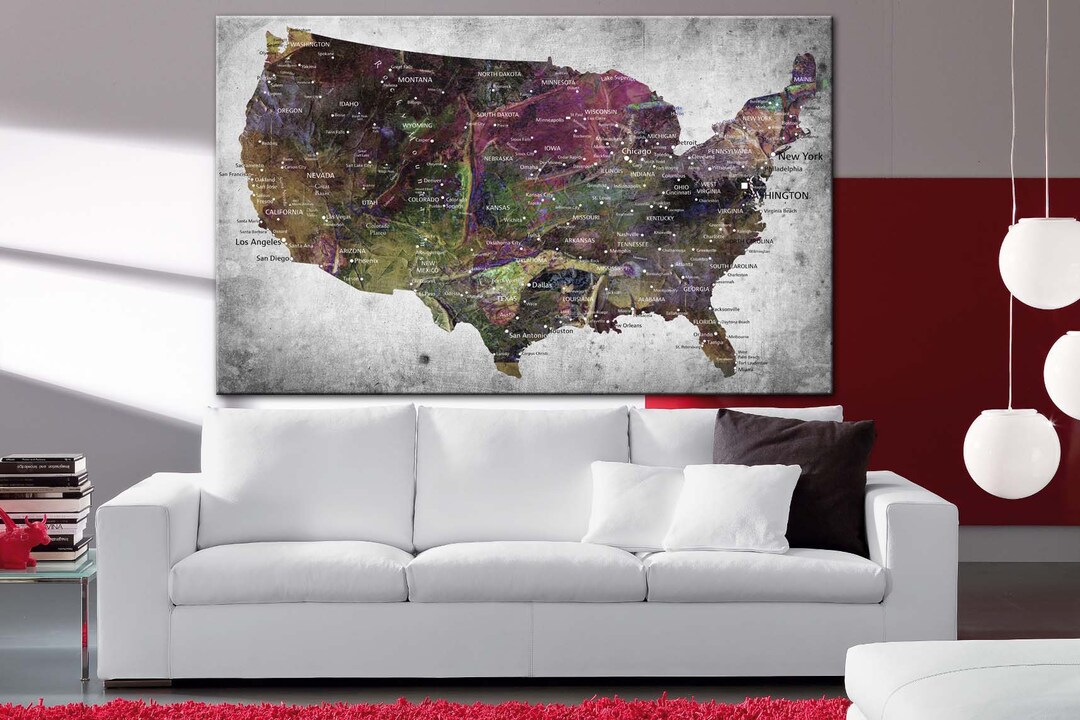 USA Map Canvas Wall Art Colorful United States Map Poster Modern Multi ...