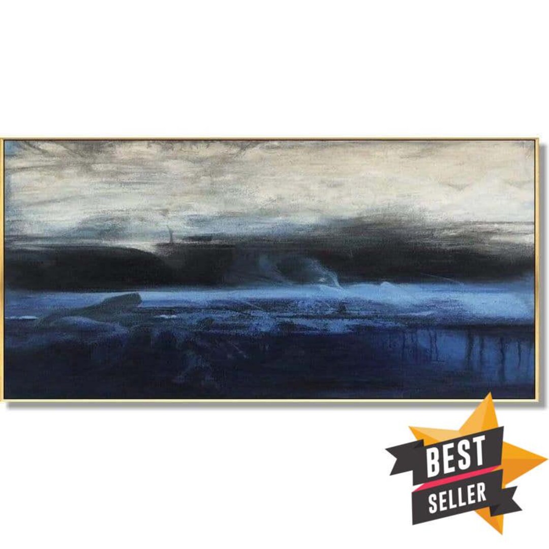 Moody Blue Abstract Landscape Art – Large Canvas Painting With Deep ...