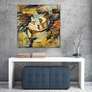 Abstract Couple Painting on Canvas Passionate Kiss Romantic Wall Art ...