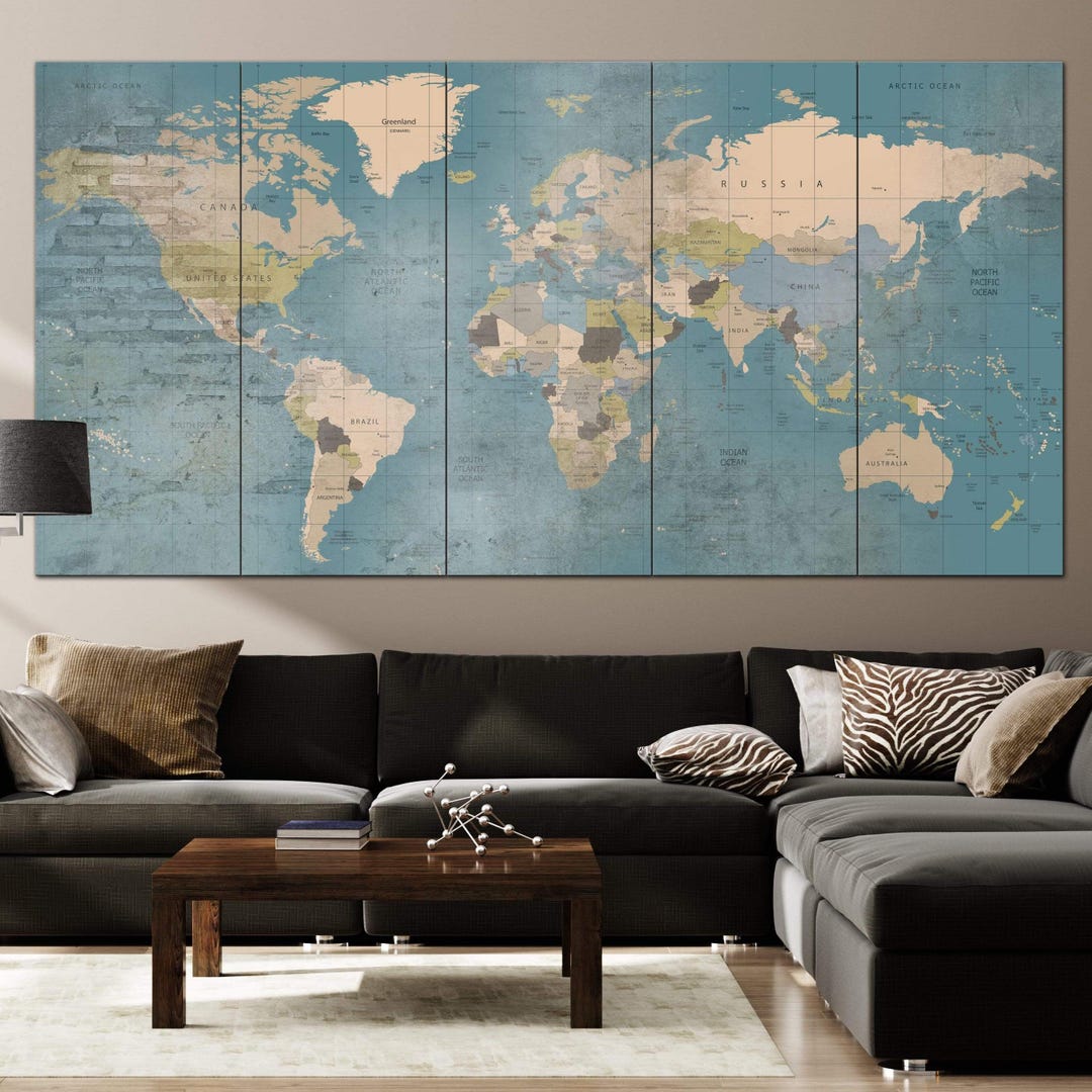 Vintage Blue World Map Rustic Travel Poster Large Antique Atlas Multi ...