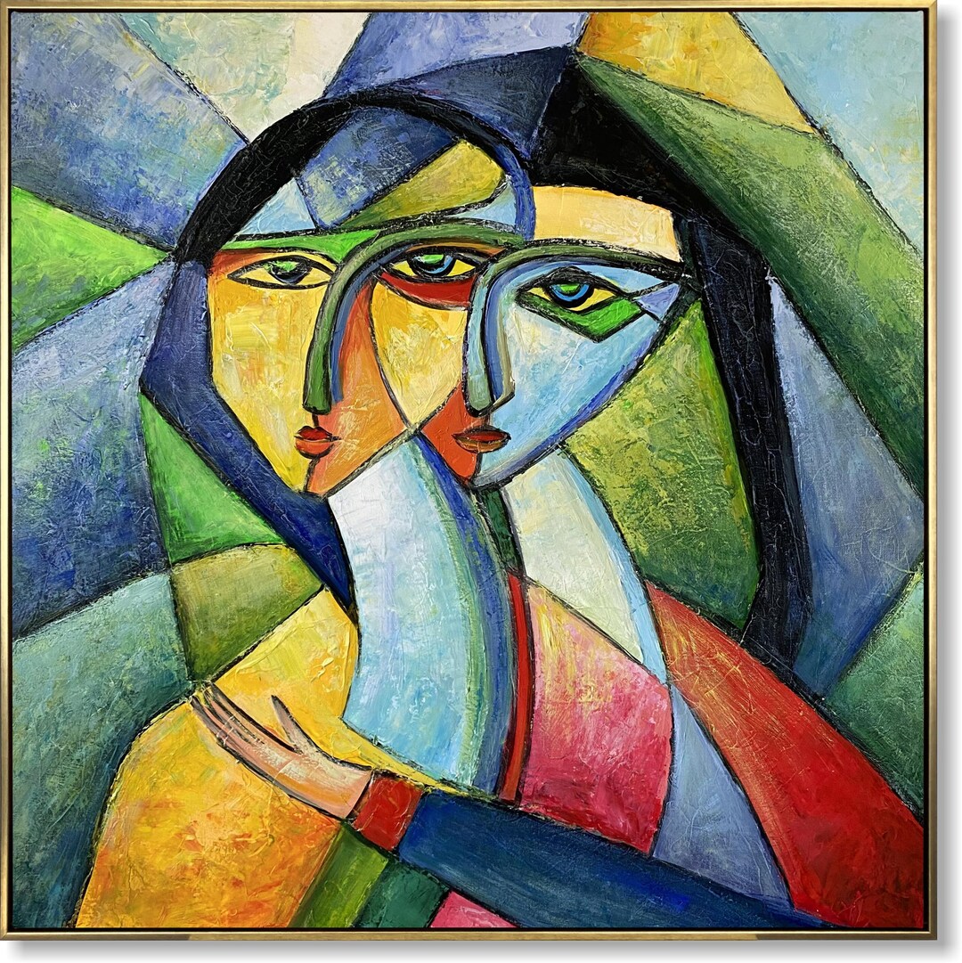 Original Abstract Cubism Portrait Colorful Dual Faces Painting on ...