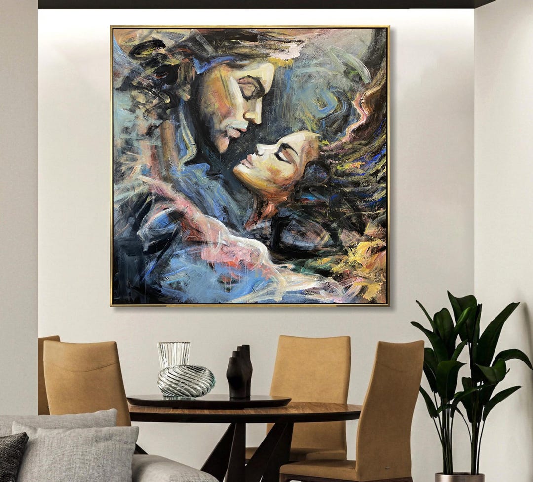 Romantic Couple Wall Art – Abstract Lovers Embrace Painting, Modern ...