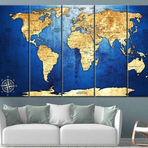 Travel Push Pin World Map Navy Blue Print Gold Map Printed Canvas Set ...