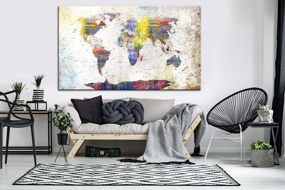 Colorful World Map Print on Canvas Travel Map of the World Poster Multi ...